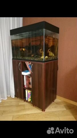 Аквариум с тумбой, грунтом, корягой, рыбками